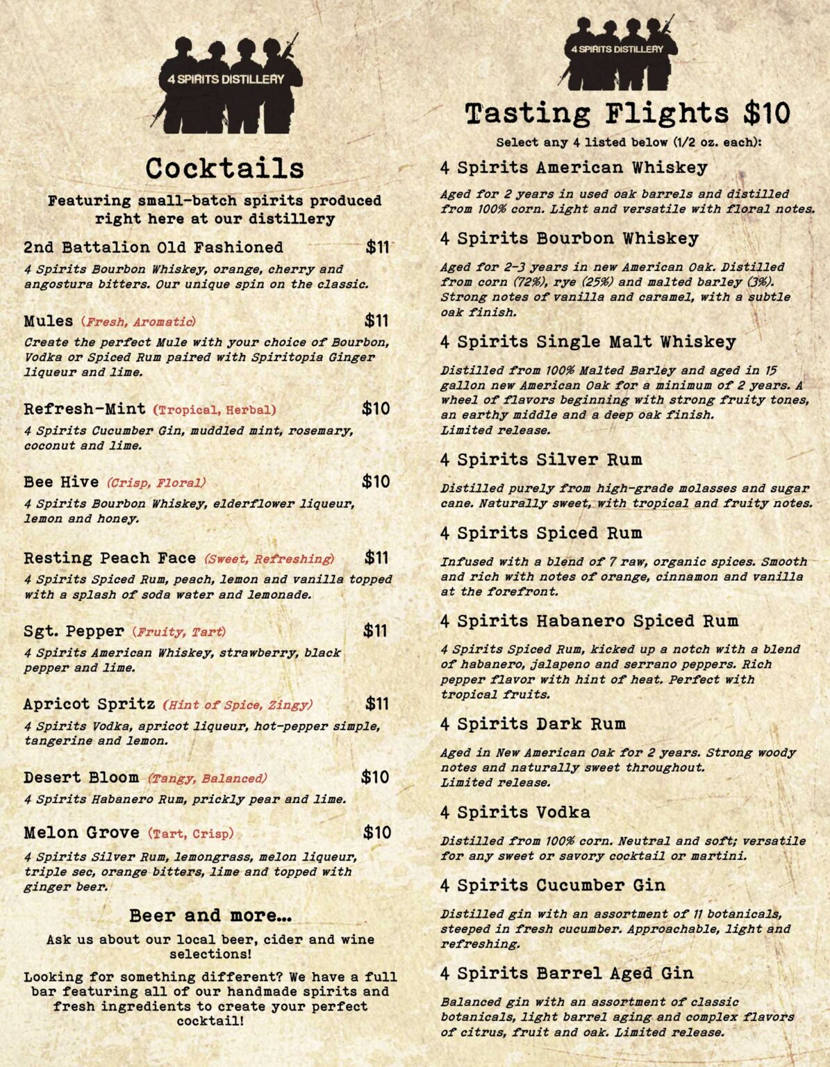 MENUS – 4 Spirits Distillery