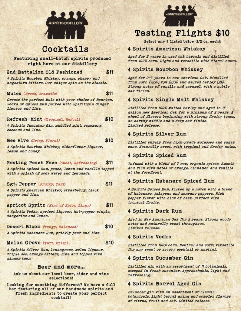 MENUS – 4 Spirits Distillery
