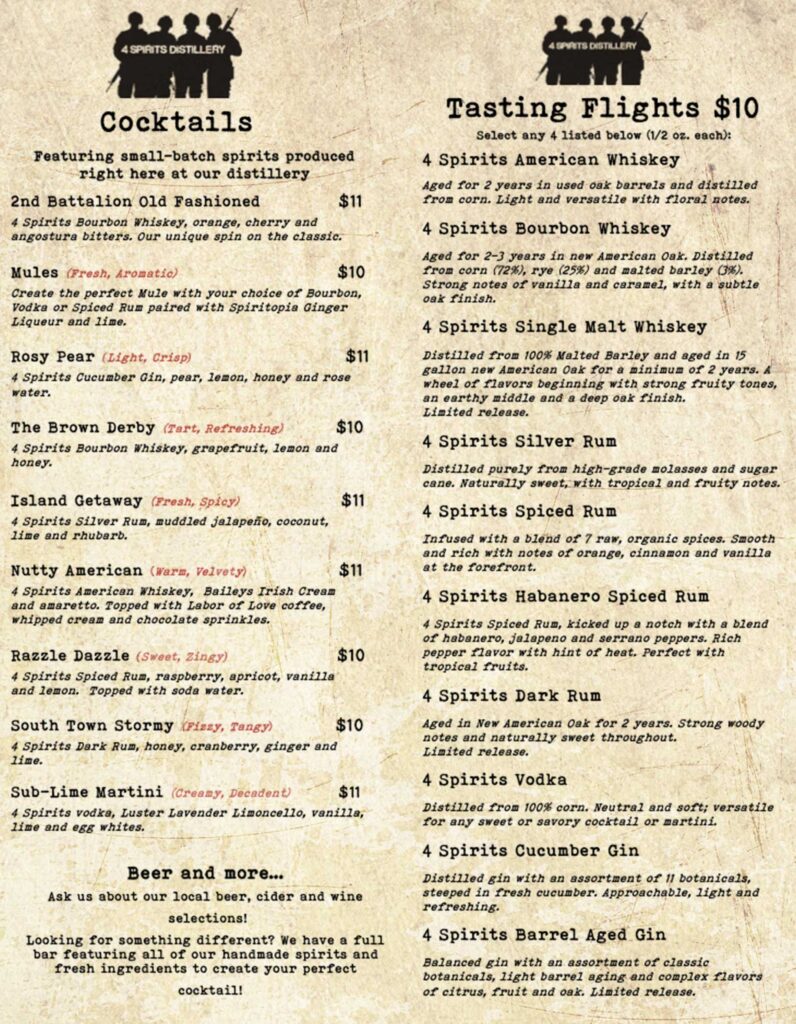 MENUS – 4 Spirits Distillery