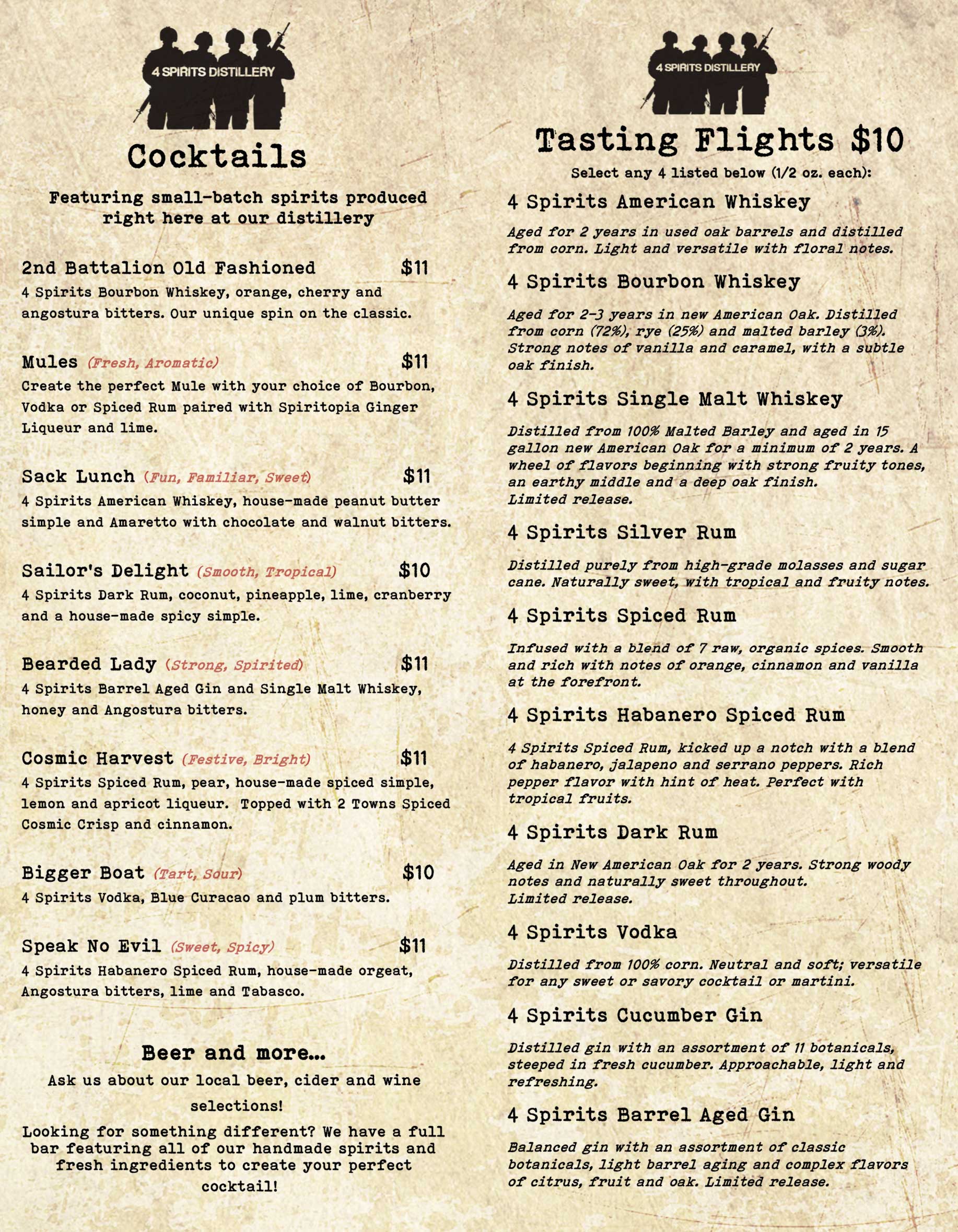 MENUS – 4 Spirits Distillery
