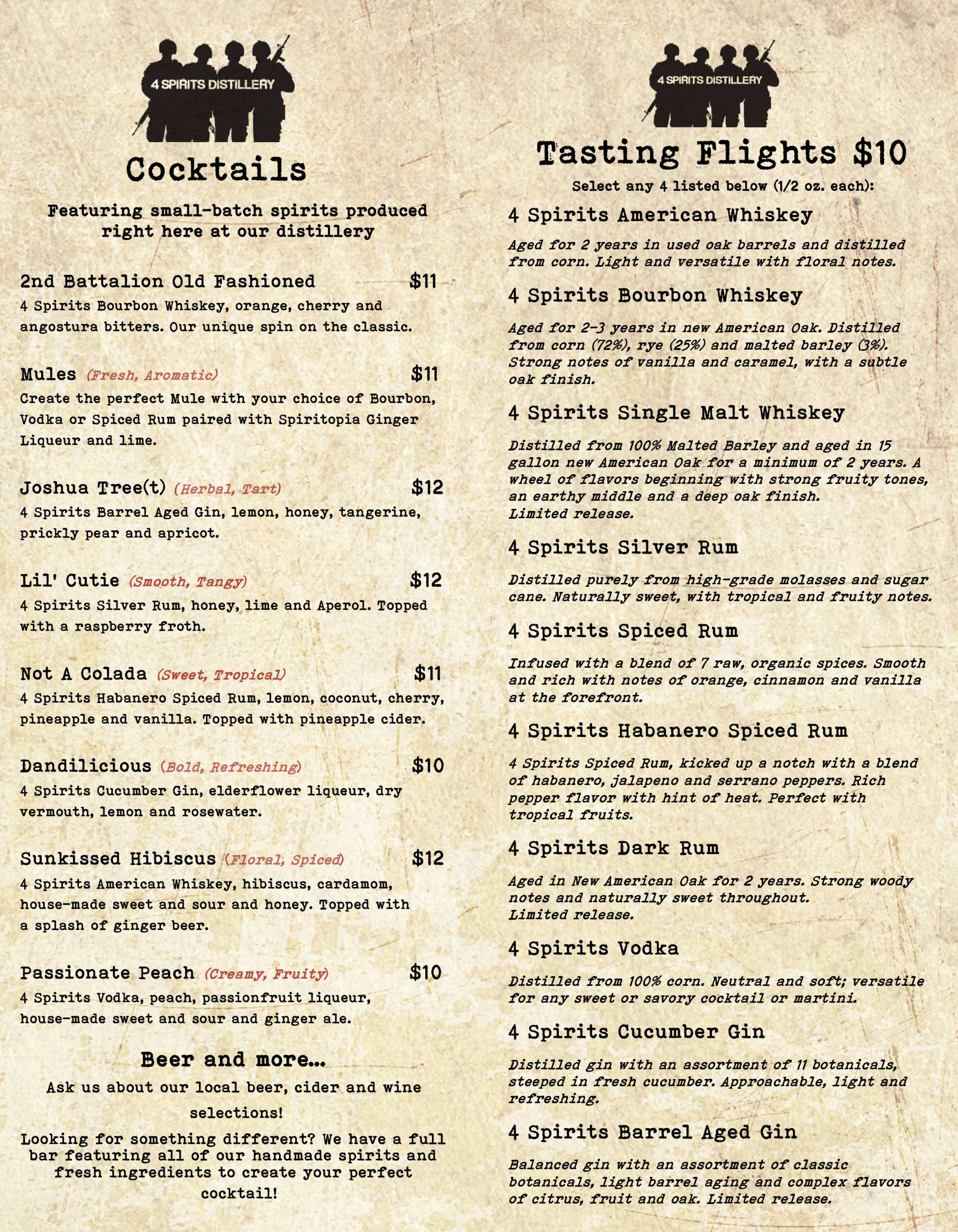 MENUS – 4 Spirits Distillery