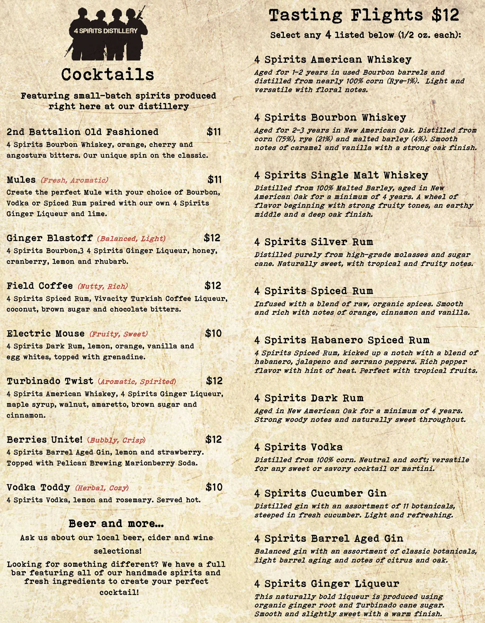 MENUS – 4 Spirits Distillery